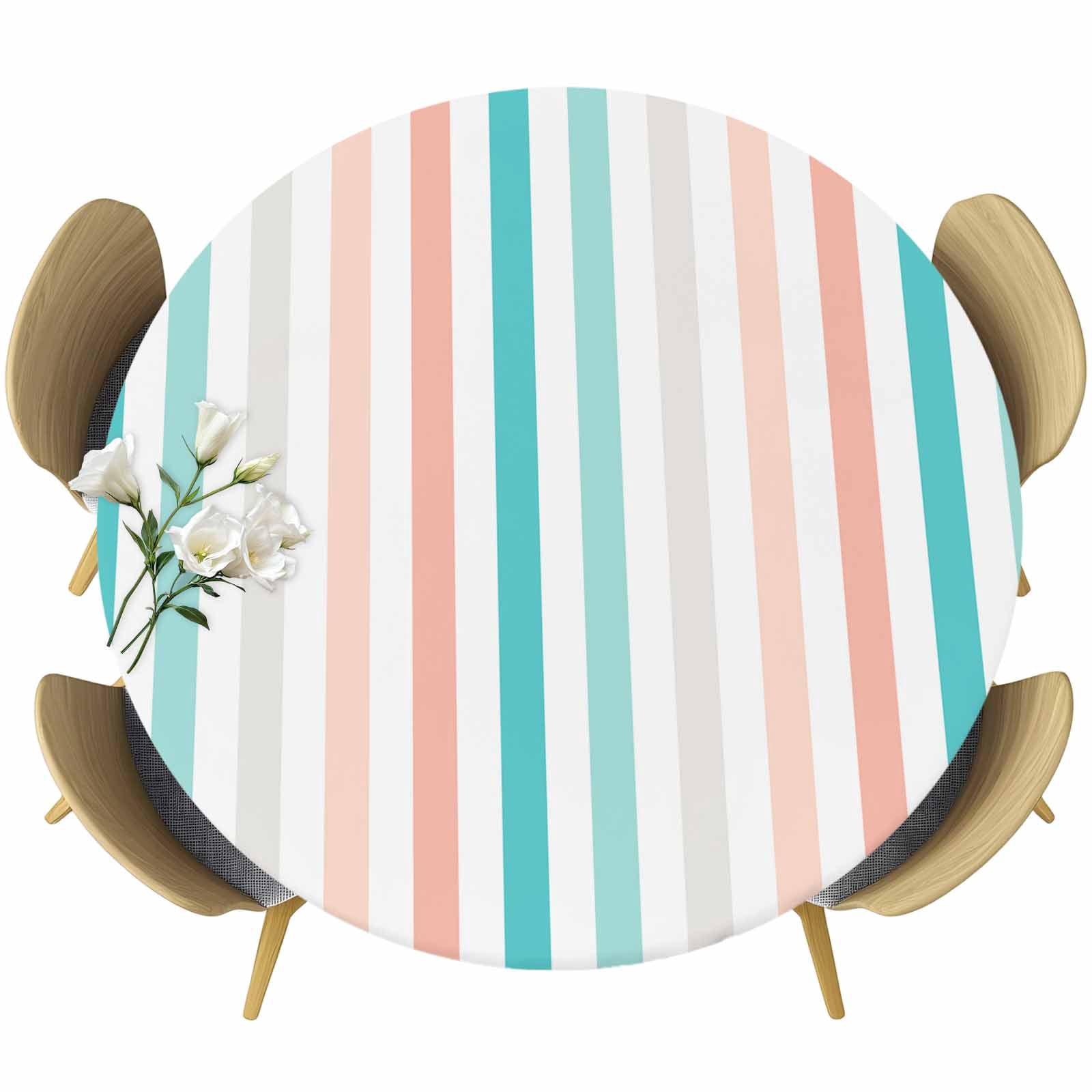 Aqua Teal Stripe Round Tablecloth, Fitted Table Cover with Elastic for ...