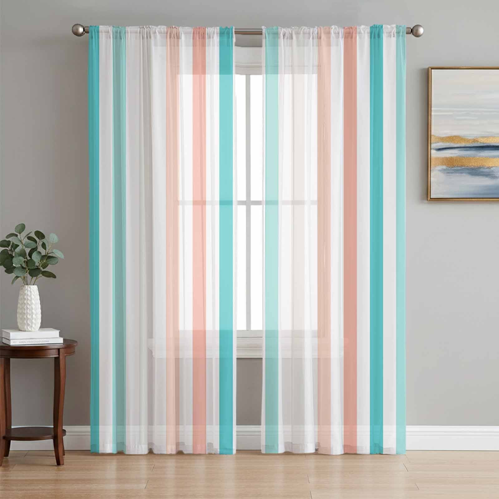 Aqua Teal Stripe Sheer Curtains 96 Inch Length 2 Panels Set, Geometric ...