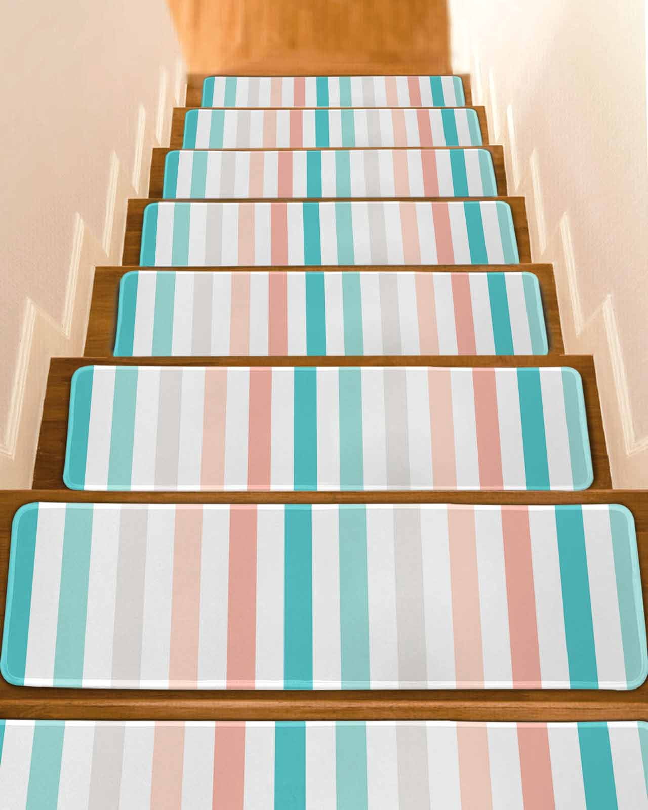 Aqua Teal Stripe Stair Treads for Wooden Steps Indoor Runner Rug Carpet ...