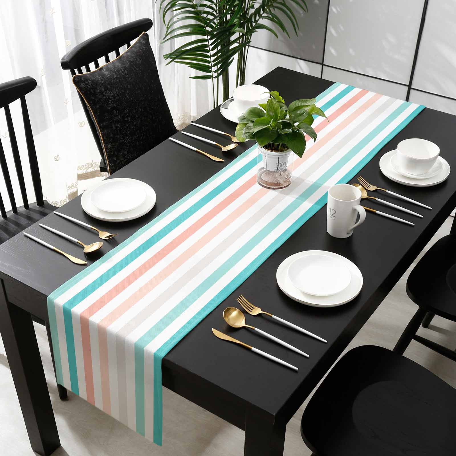 Aqua Teal Stripe Table Runner 70 Inches Long,Geometric Grey White ...