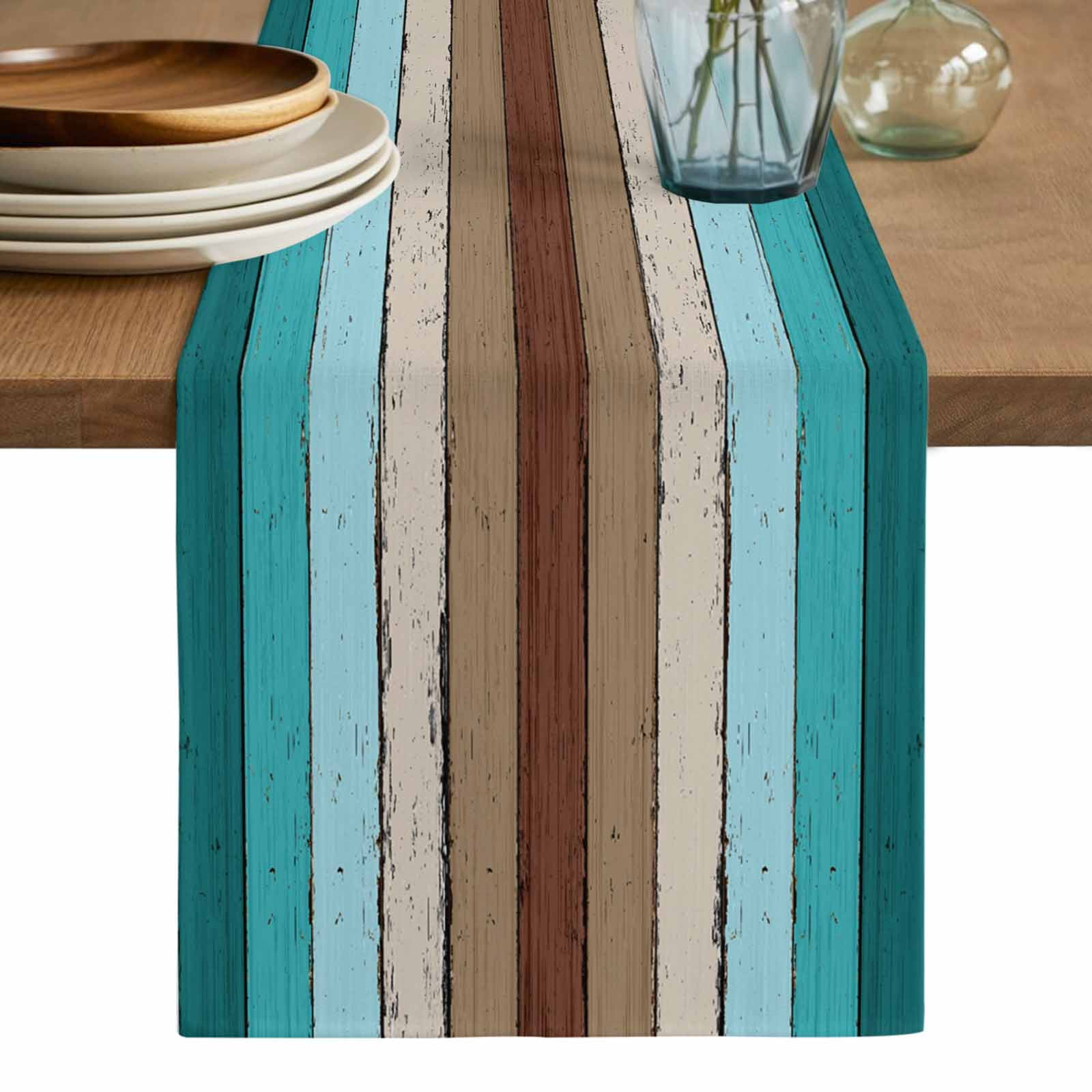 Aqua Teal Table Runner, Farmhouse Wood Grain Vintage Brown Striped ...