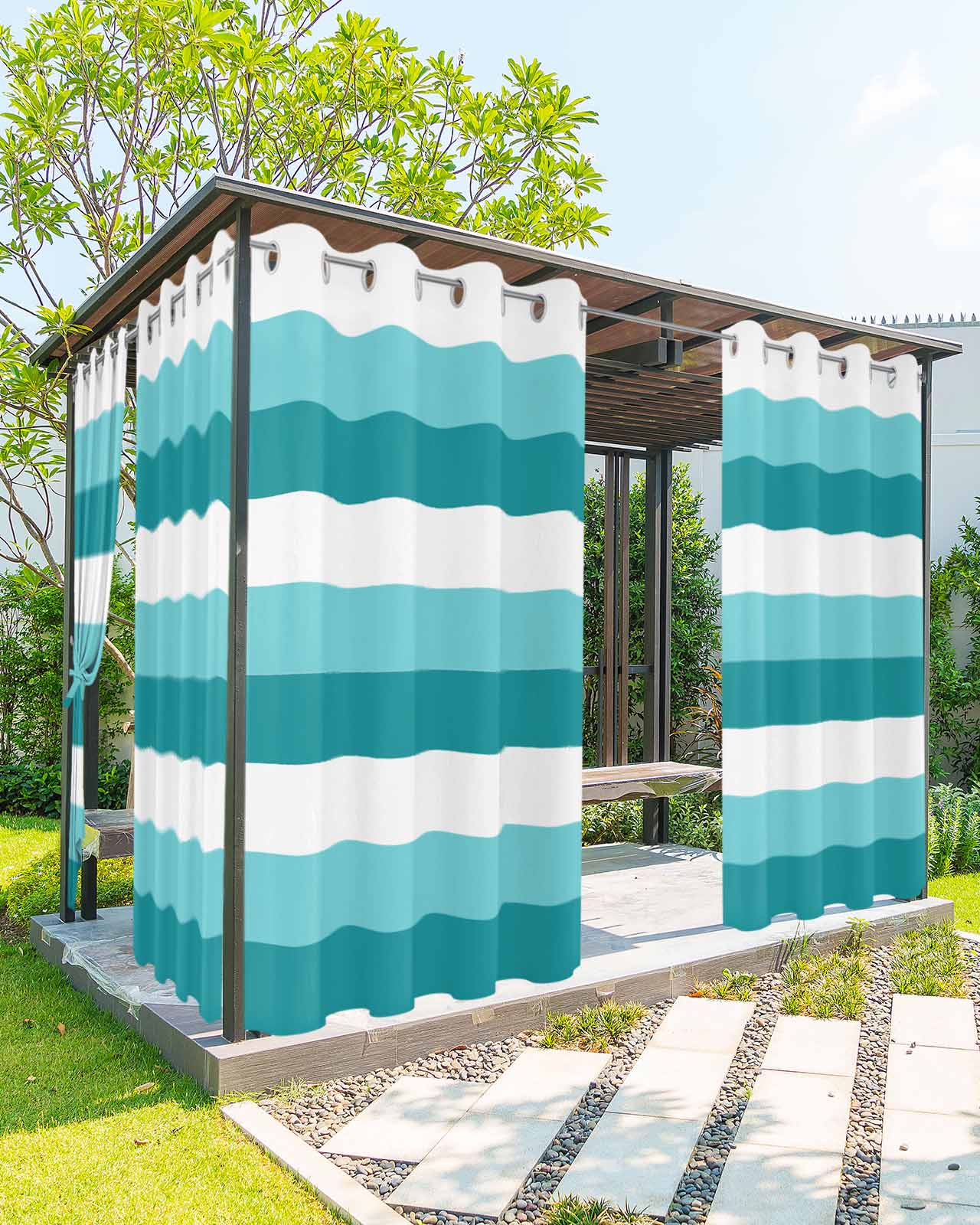 Aqua Teal White Striped Outdoor Curtains for Patio, Farmhouse Stripes ...