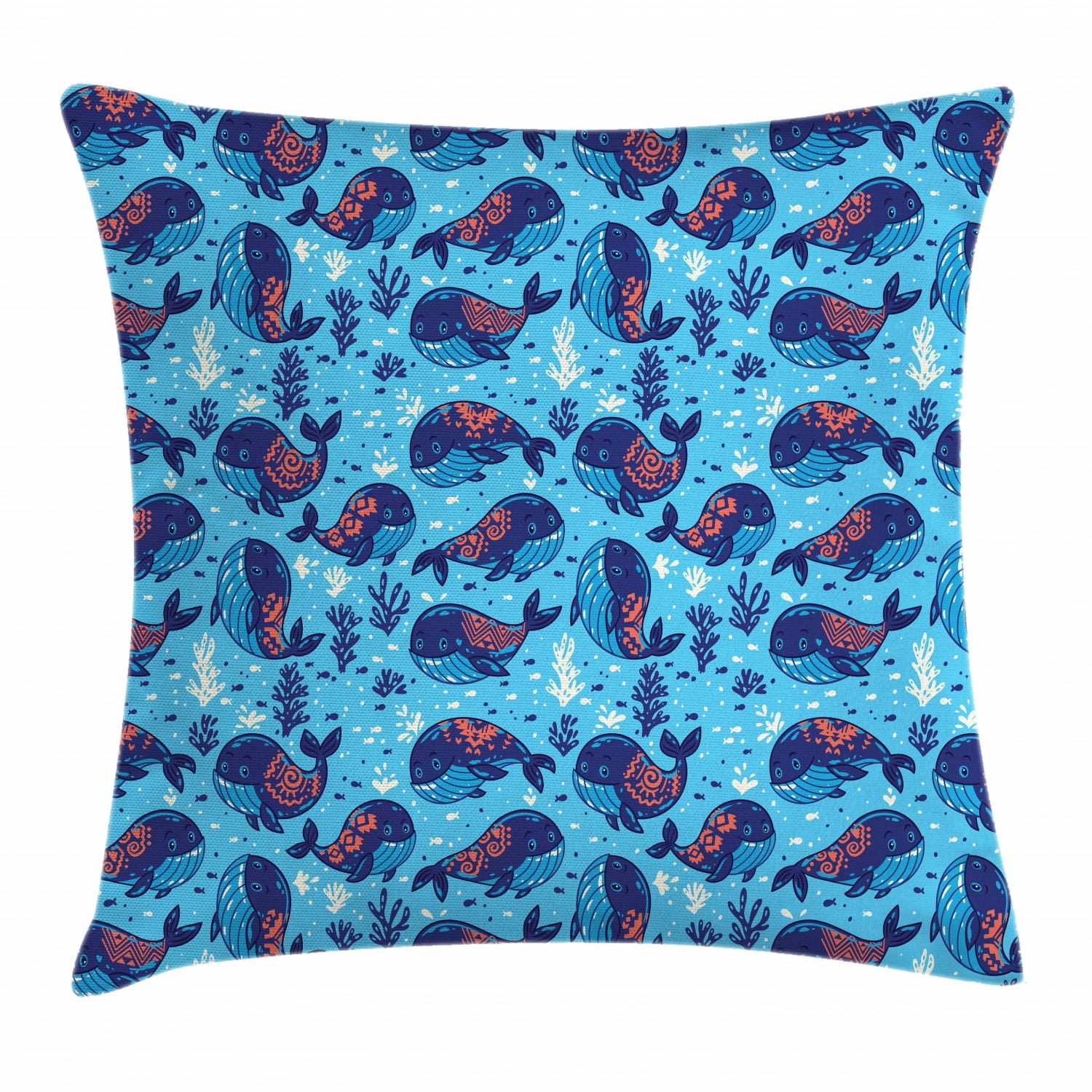 Aqua Throw Pillow Cushion Cover, Cartoon Style Marine Life Pattern with ...