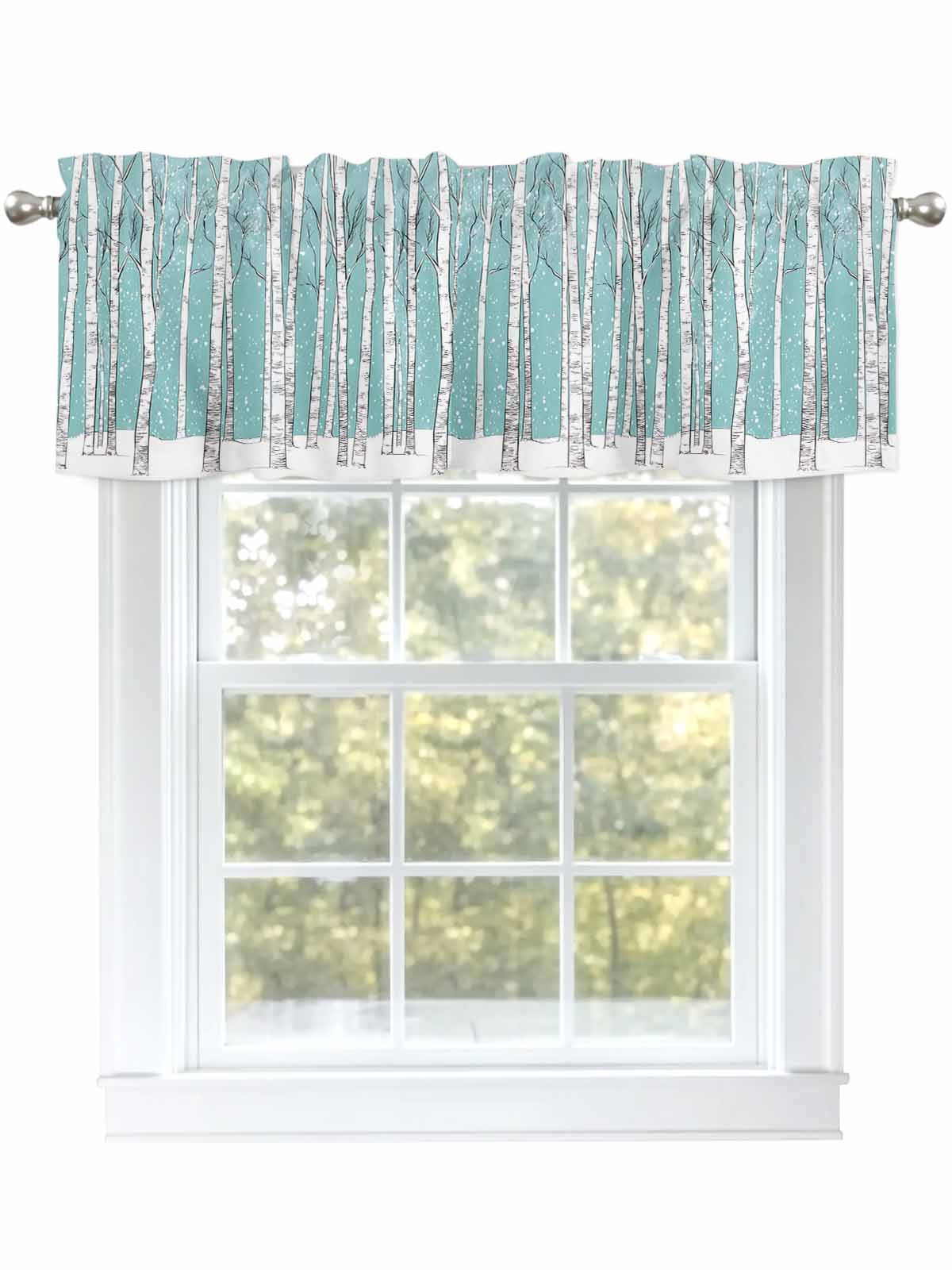 Aqua Tree Trunk Curtain Valances for Windows, Farmhouse Forest Snow ...