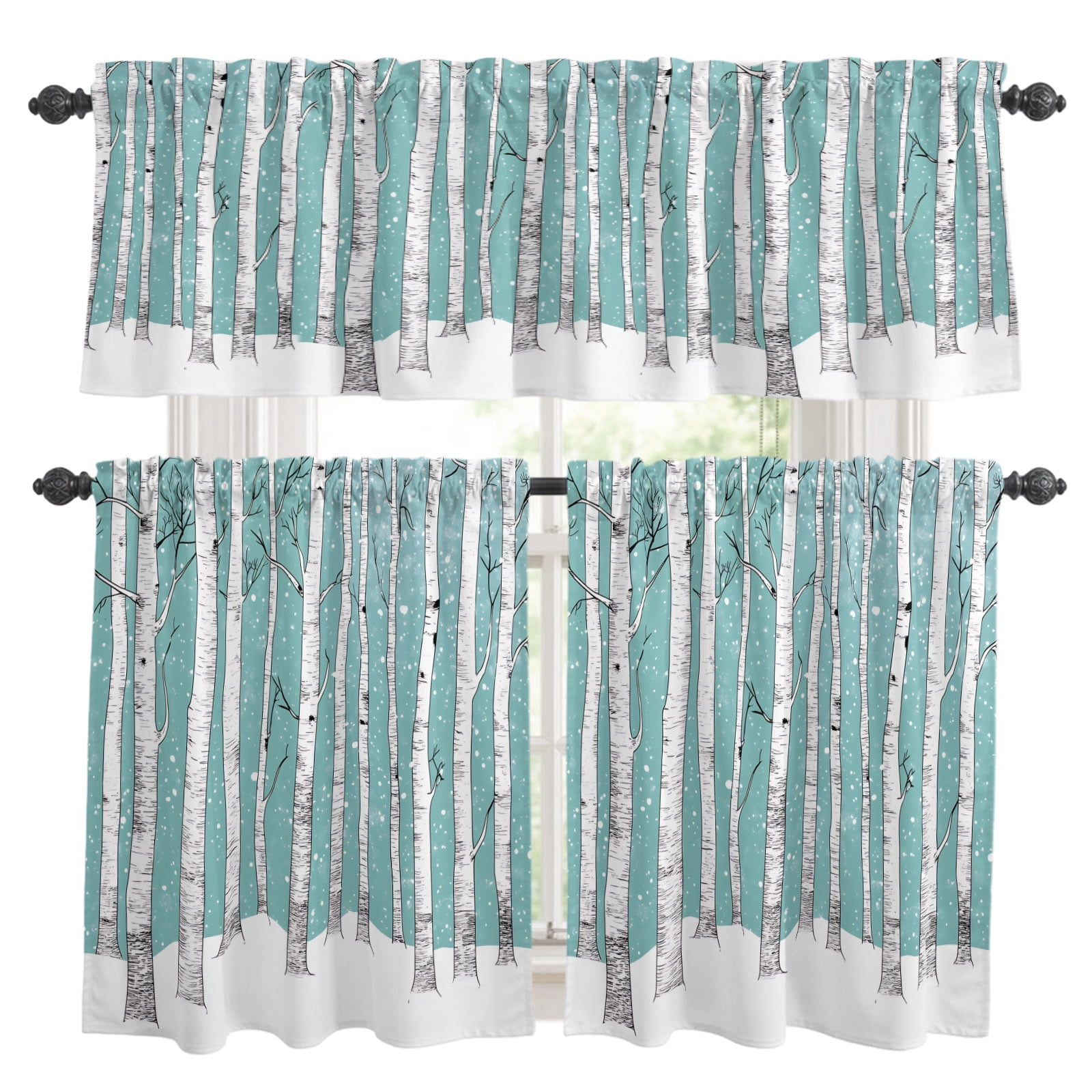 Aqua Tree Trunk Kitchen Curtains Set for Windows, Farmhouse Forest Snow ...