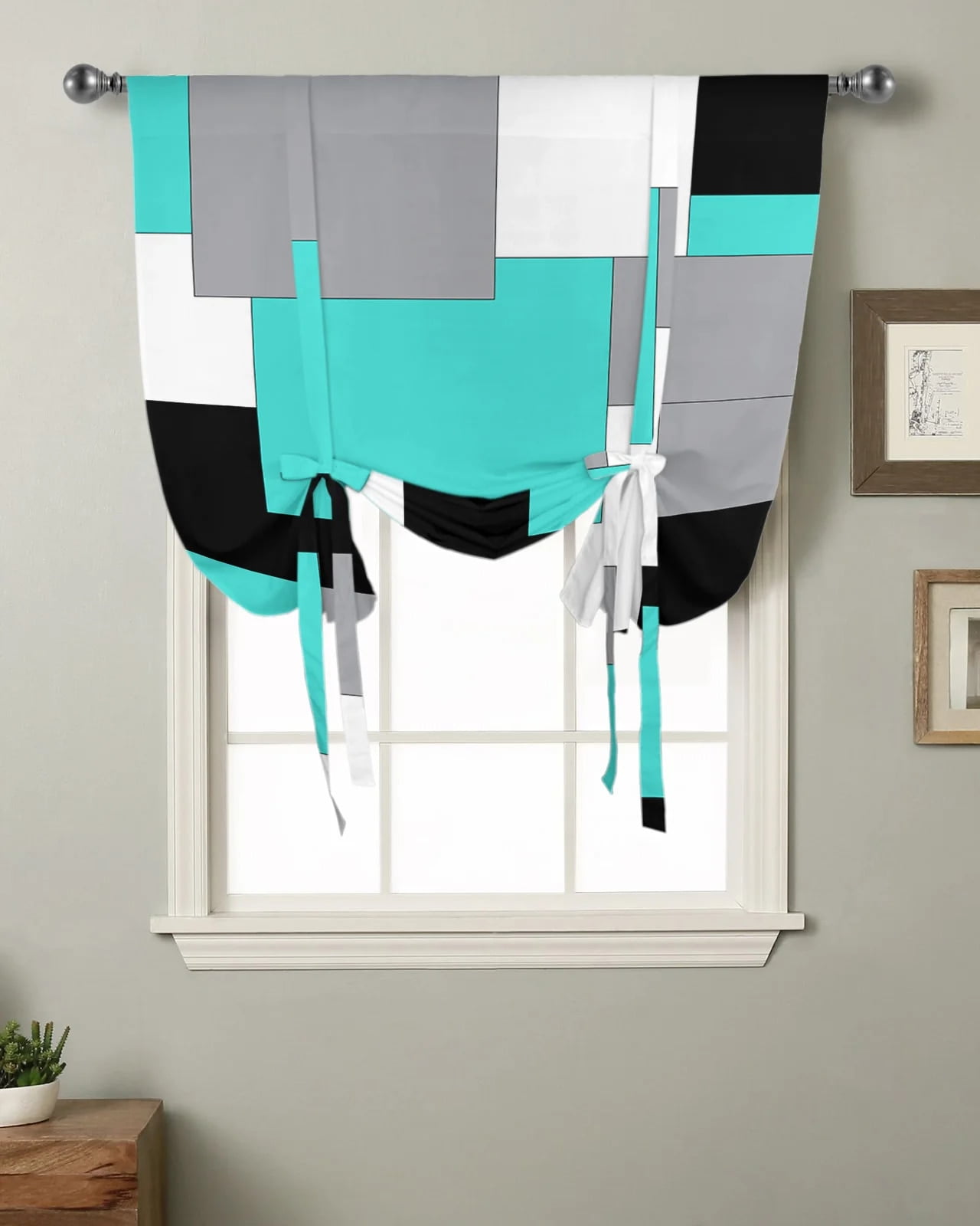 Aqua Turquoise Black Grey Patchwork Abstract Art Kitchen Short Window ...