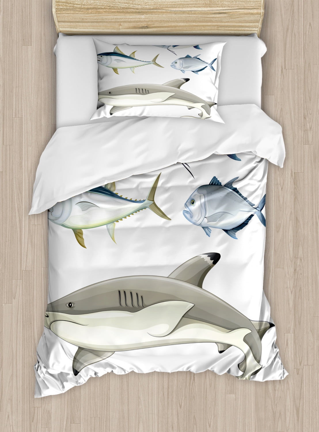 Aqua Twin Size Duvet Cover Set, Various Fish Predators with Swordfish ...