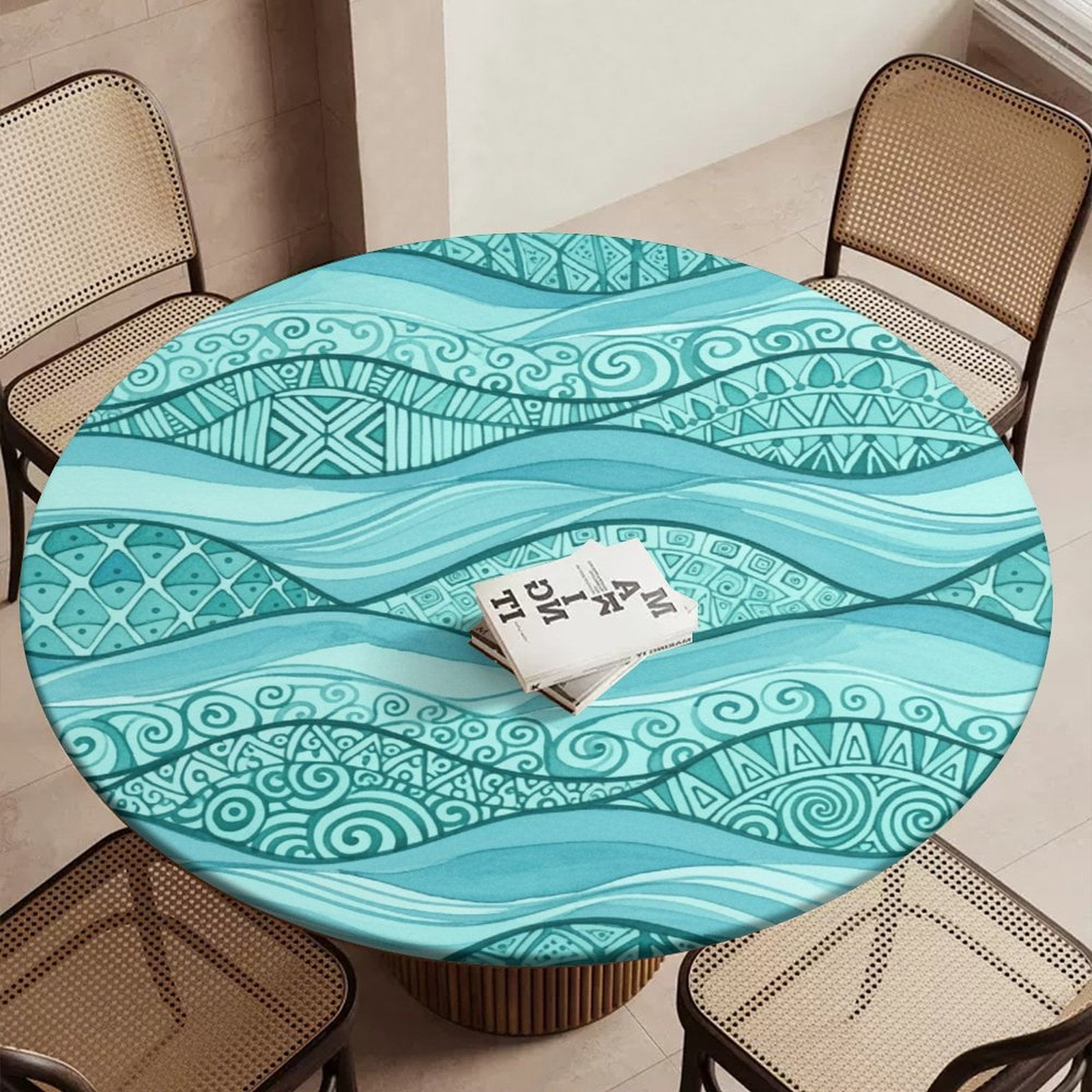 Aqua Waves Patterned Ornate Round Table Cover Kitchen Printed ...