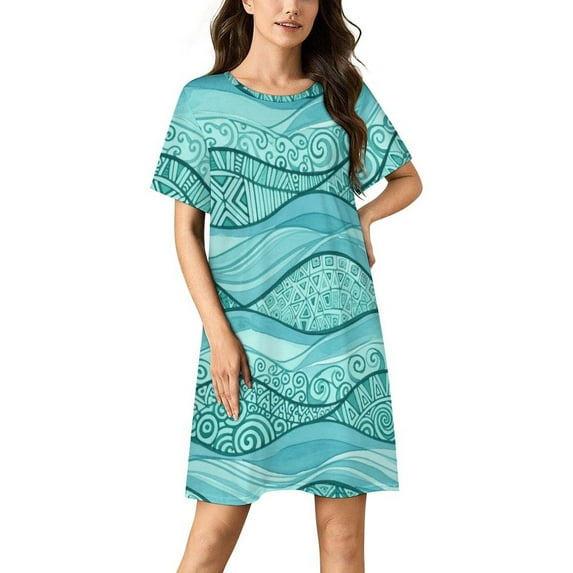 Aqua Waves Patterned Ornate Women Nightgown Sleepwear Short Sleeves For ...