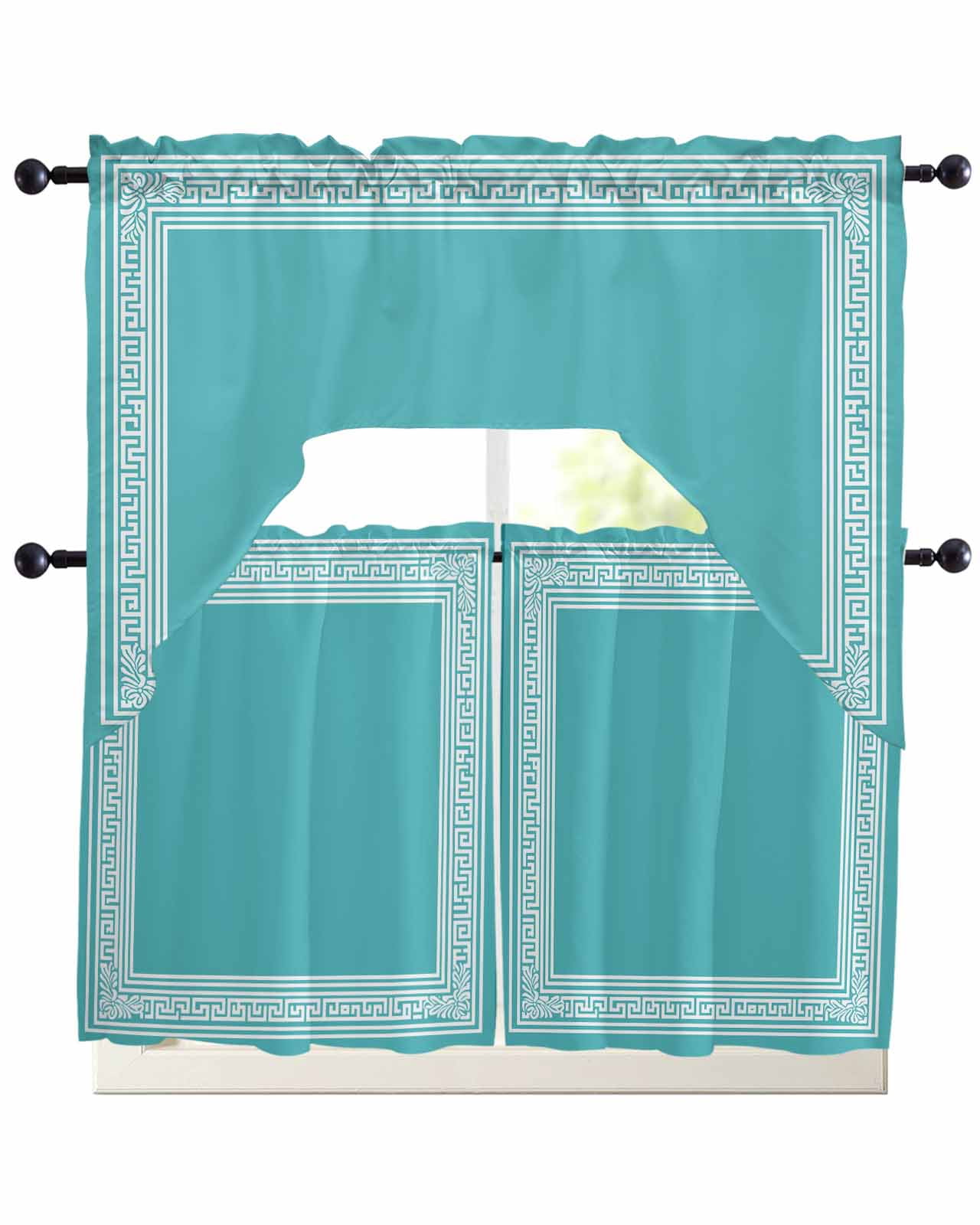 Aqua White Geometric Kitchen Curtains Swag Valance and Tier Curtains ...
