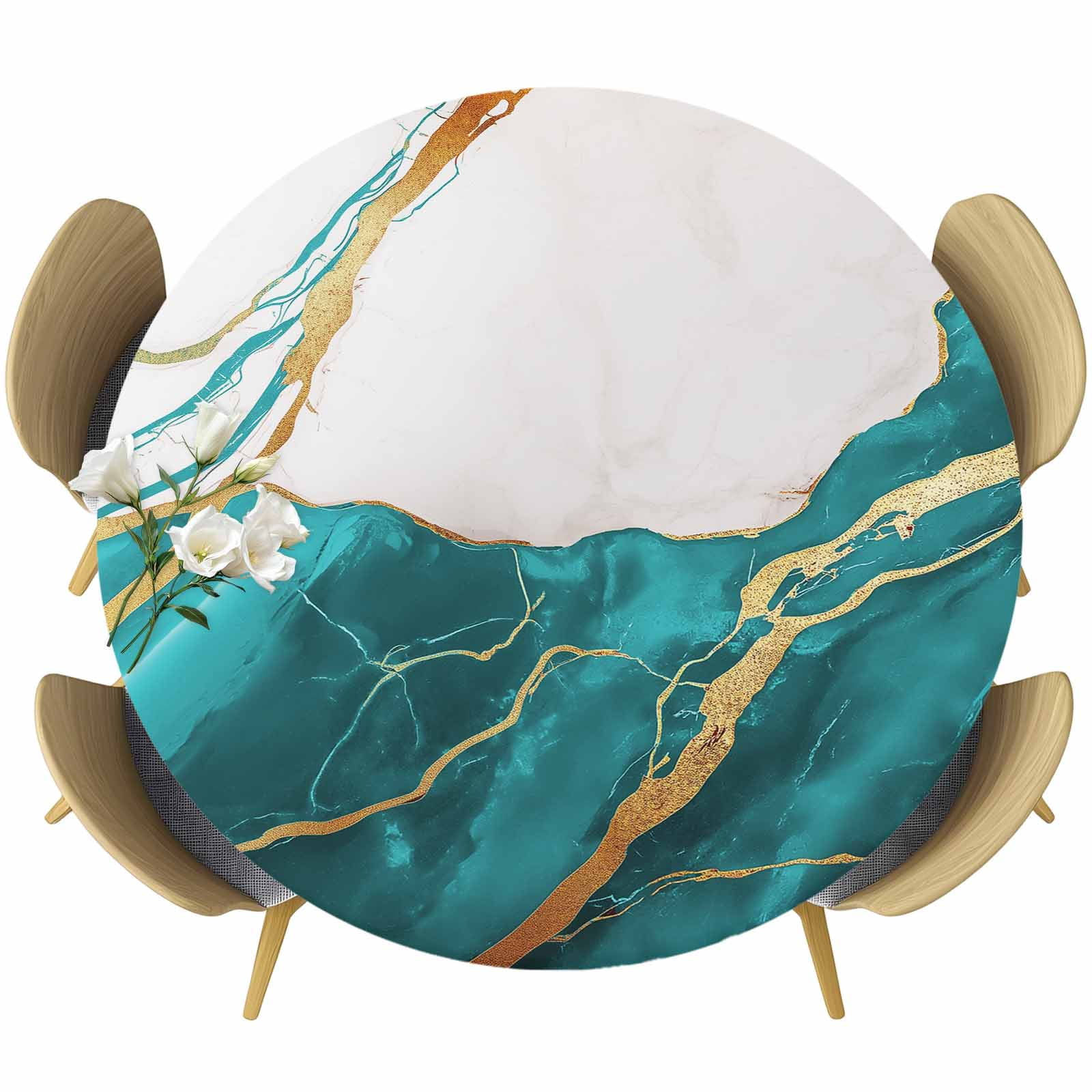 Aqua White Marble Round Tablecloth 45-54 Inch Round Fitted Table Cloth ...