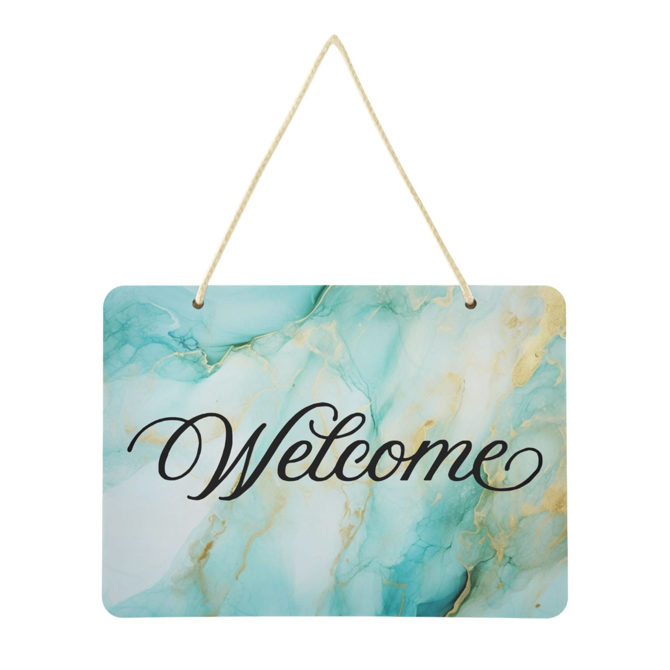 Aqua White Marble Welcome Sign Front Door PVC 14x10 inch Hanger Hello ...