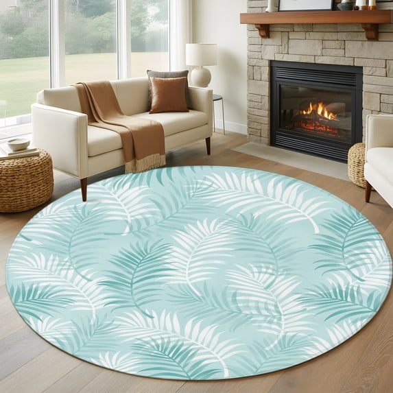 Aqua White Palm Leaves 8FT Round Area Rugs for Living Room Botanical ...