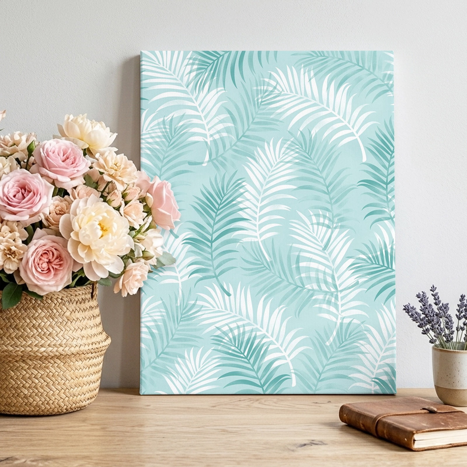 Aqua White Palm Leaves Canvas Wall Art for Living Room, Botanical ...