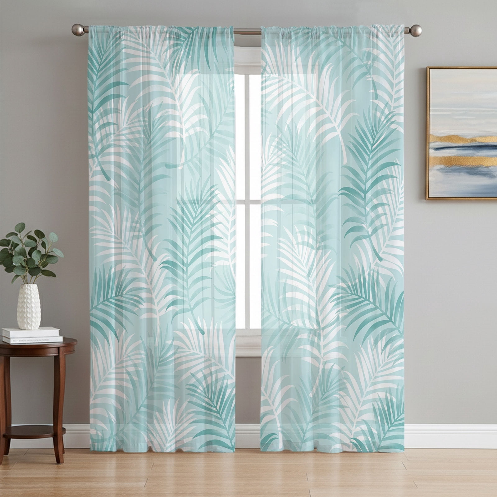 Aqua White Palm Leaves Sheer Curtains for Living Room Bedroom ...