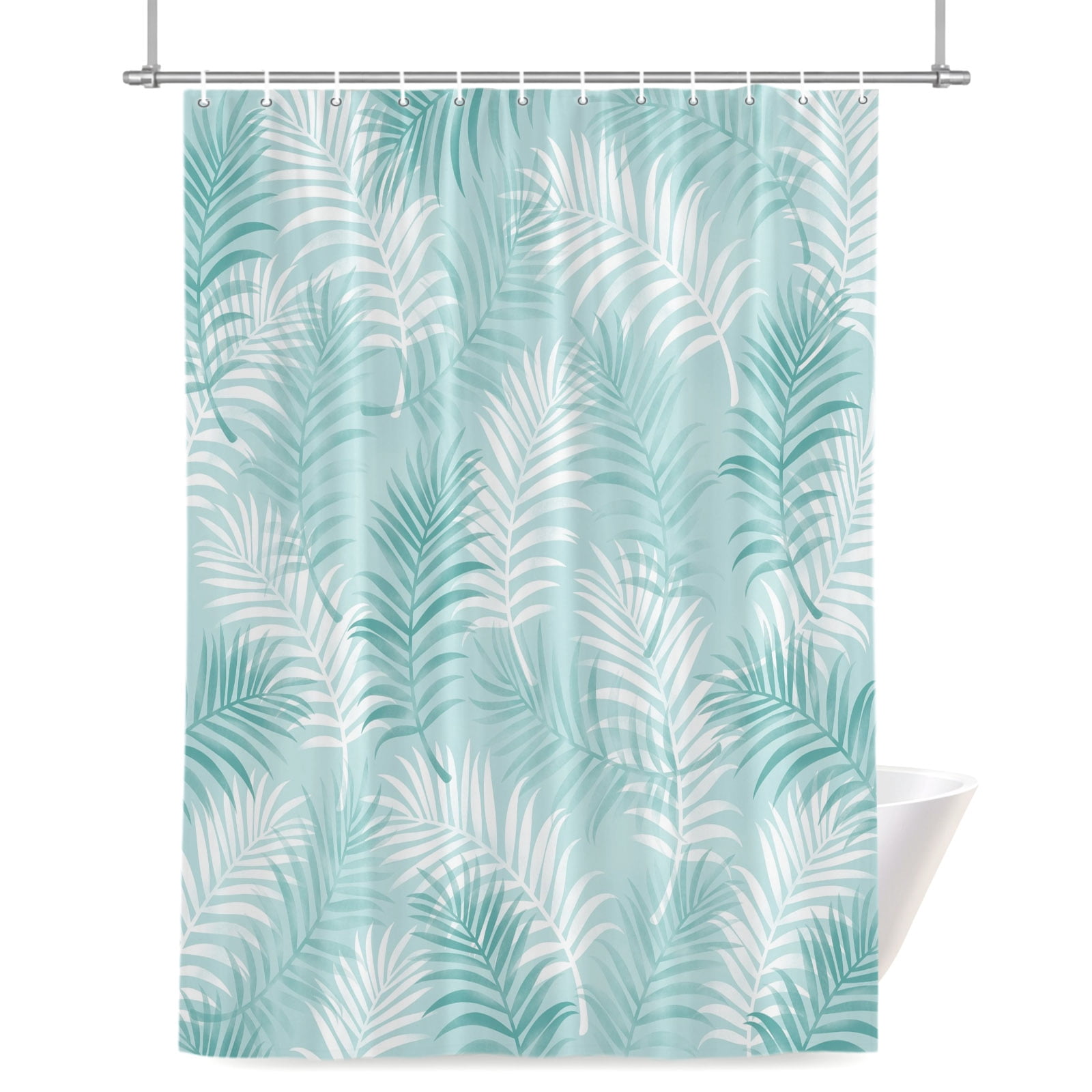 Aqua White Palm Leaves Shower Curtains for Bathroom, Botanical Forest ...