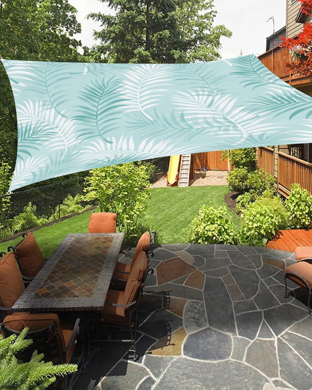 Aqua White Palm Leaves Sun Shade Sail 6.5'X10' Botanical Forest Ferns ...