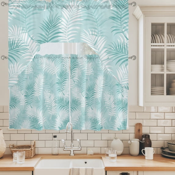 Aqua White Palm Leaves Swag Curtains Valance and Tier Set, Botanical ...