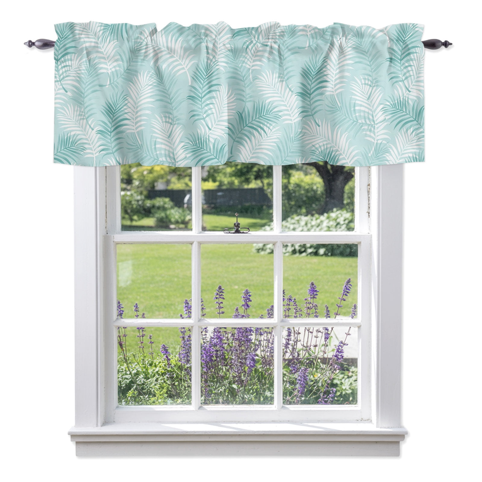 Aqua White Palm Leaves Valances for Windows, Botanical Forest Ferns Rod ...