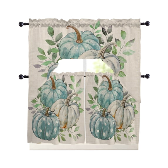 Aqua White Pumpkins Fall Kitchen Curtains Set for Windows 3 Piece Cafe ...