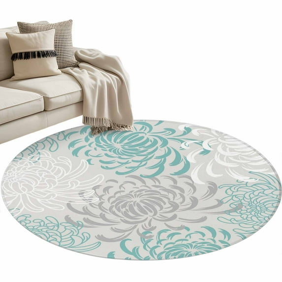 Aqua White Round Area Rug 4ft, Abstract Grey Chrysanthemum Flower ...