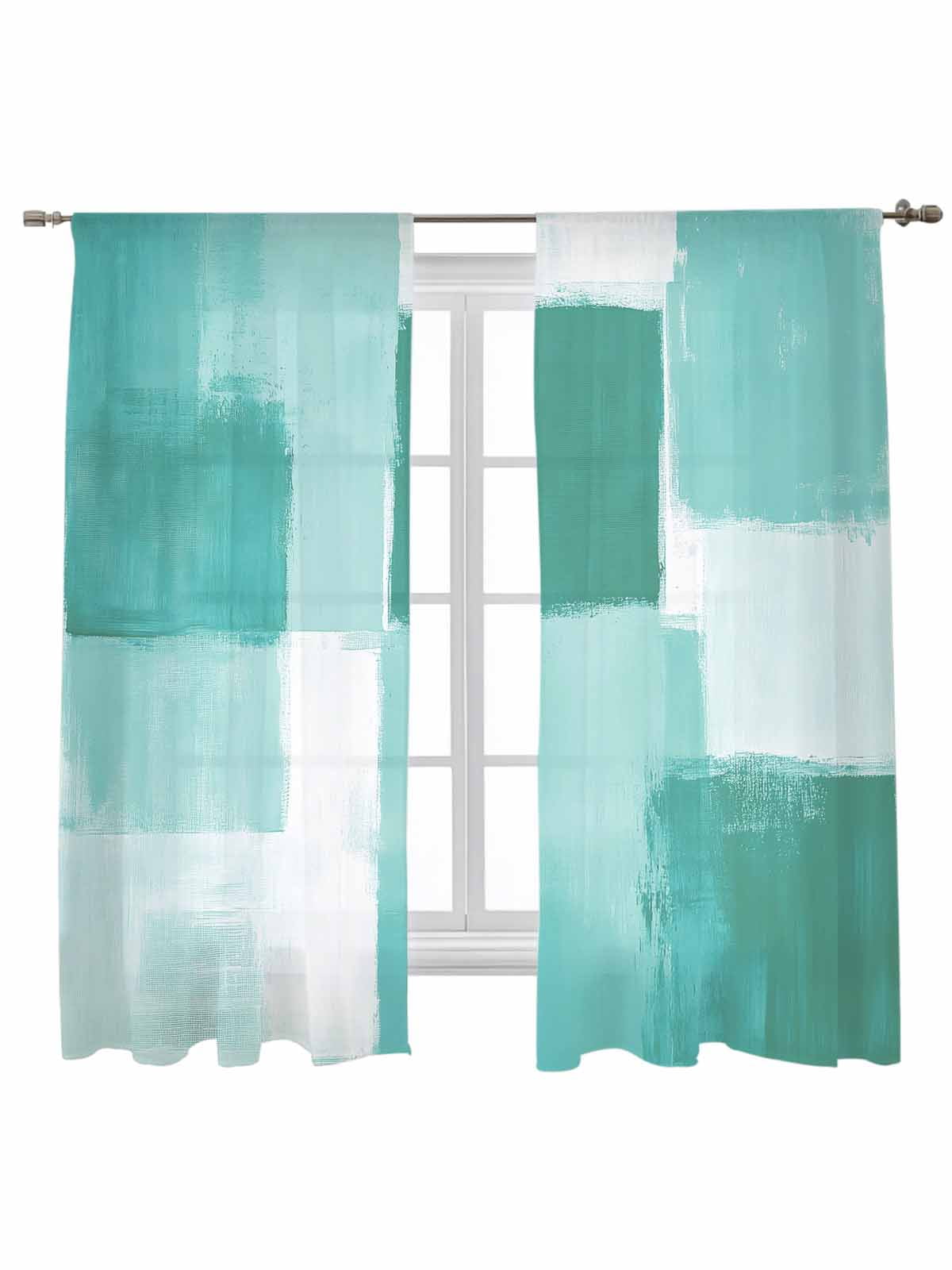Aqua White Sheer Curtains 63 Inch Long 2 Panels, Graffiti Art Mottled ...