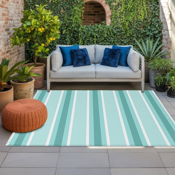 Aqua White Stripes Indoor Outdoor Rugs 4x6 Ft, Modern Minimalist Aqua ...