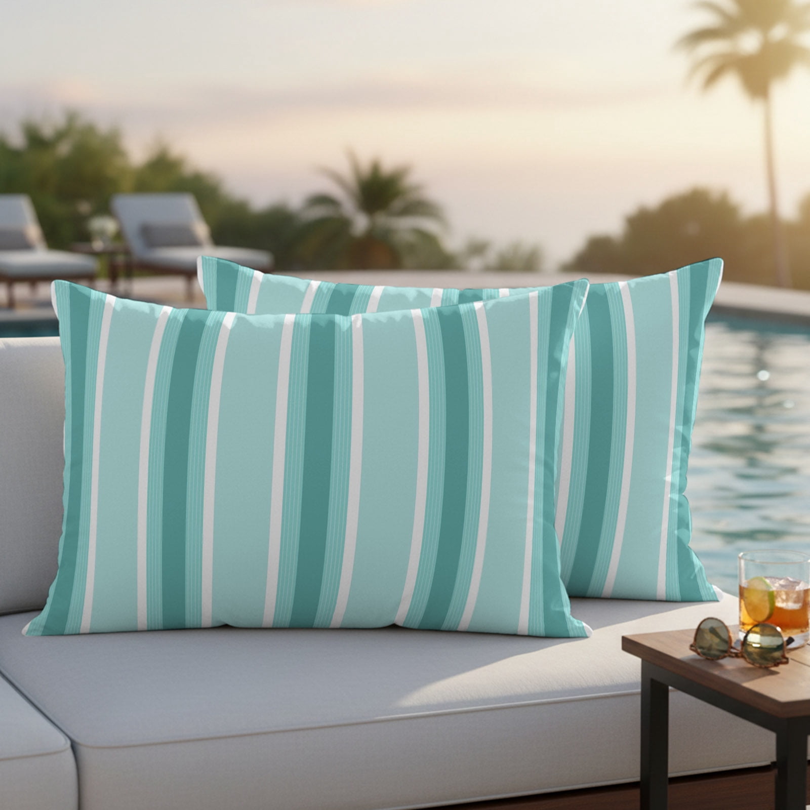 Aqua White Stripes Outdoor Waterproof Pillow Covers 20x12 Modern ...