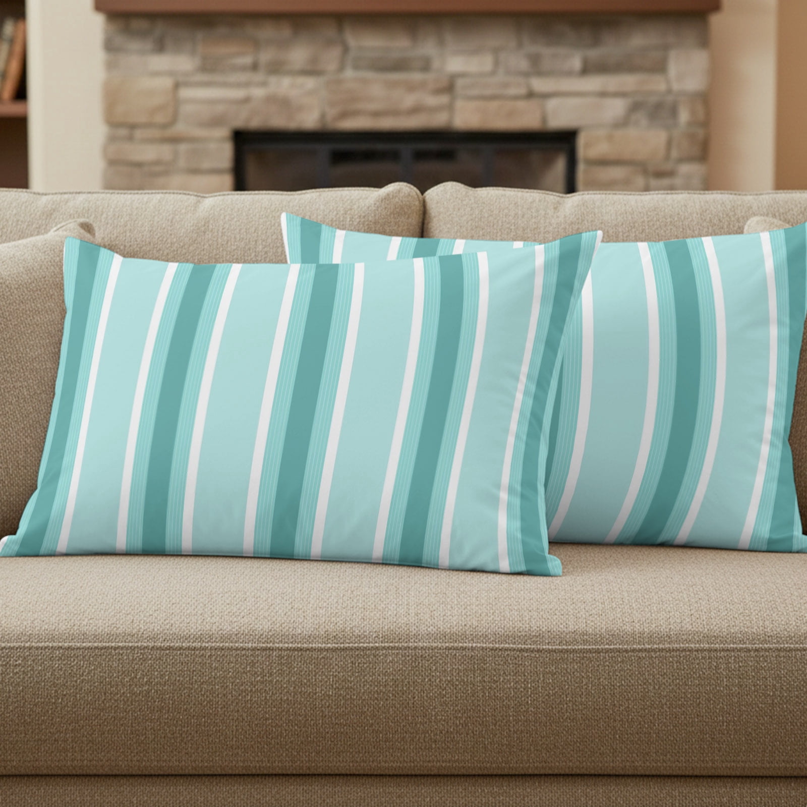 Aqua White Stripes Pillow Covers Set of 2, Modern Minimalist Aqua Lines ...