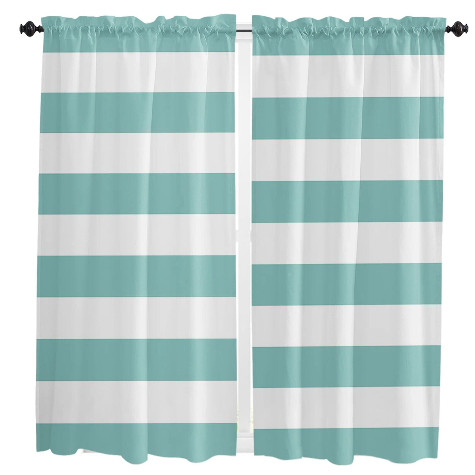 Aqua White Stripes Small Curtain Rod Pocket Short Curtains Half Drapes ...