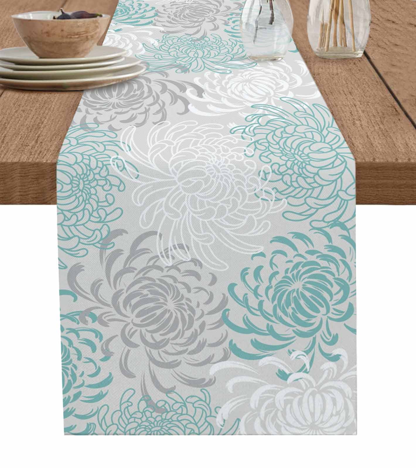 Aqua White Table Runner Abstract Grey Chrysanthemum Flower Floral ...