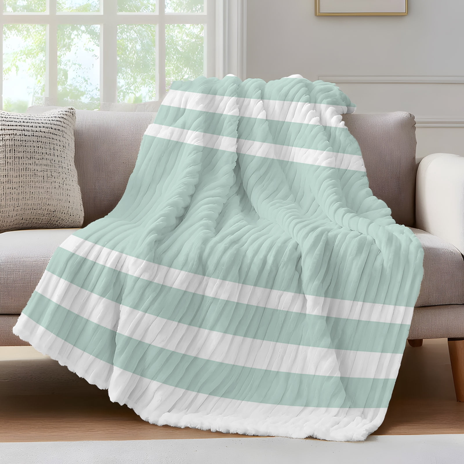 Aqua White Throw Blanket for Couch Stripe Soft and Warm Flannel 3D ...