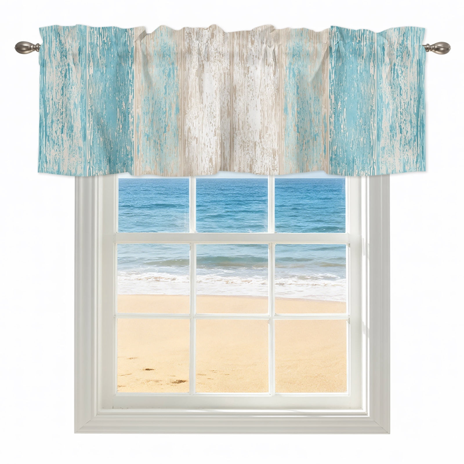 Aqua Wood Grain Valances for Windows, Rod Pocket Kitchen Valance ...