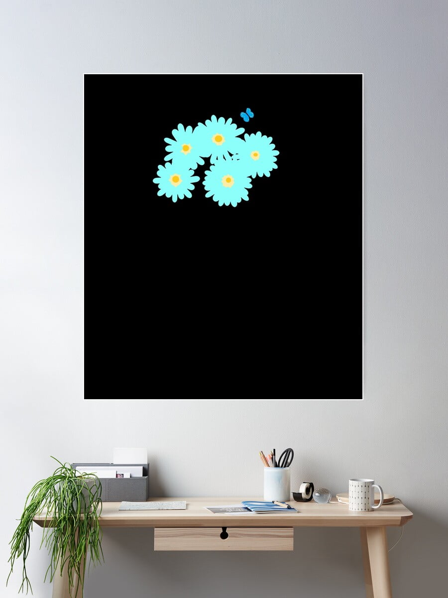 Aqua Yellow And Gold Flowers With Blue Butterfly And Black Background ...