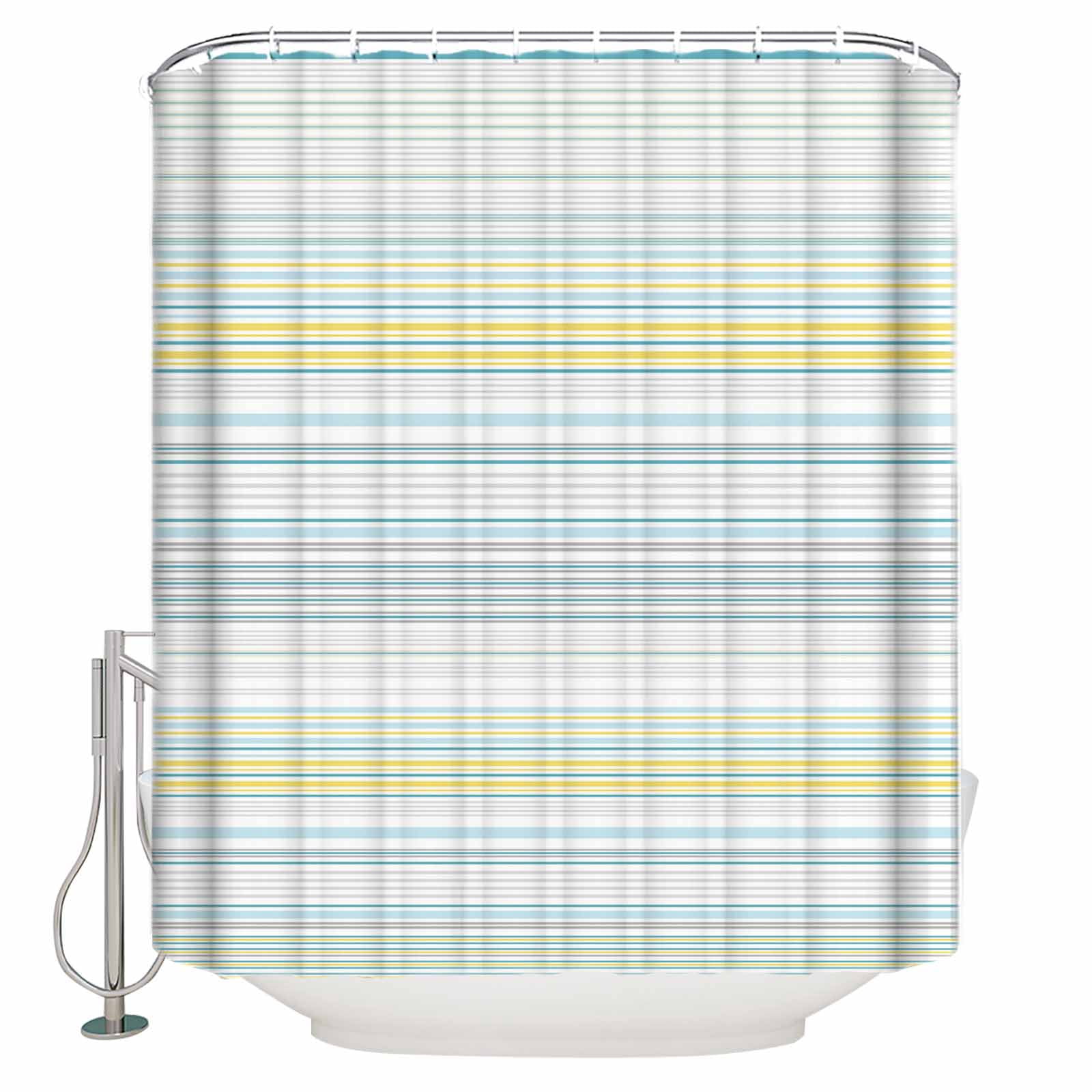 Aqua Yellow Stripe Bathroom Shower Curtains with 12 Hooks Polyester ...