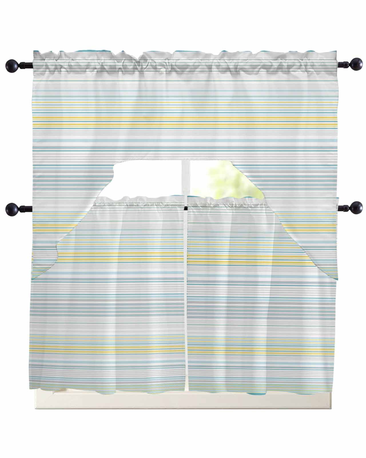 Aqua Yellow Stripe Kitchen Curtains Sets 36 Inch Length with Valance ...