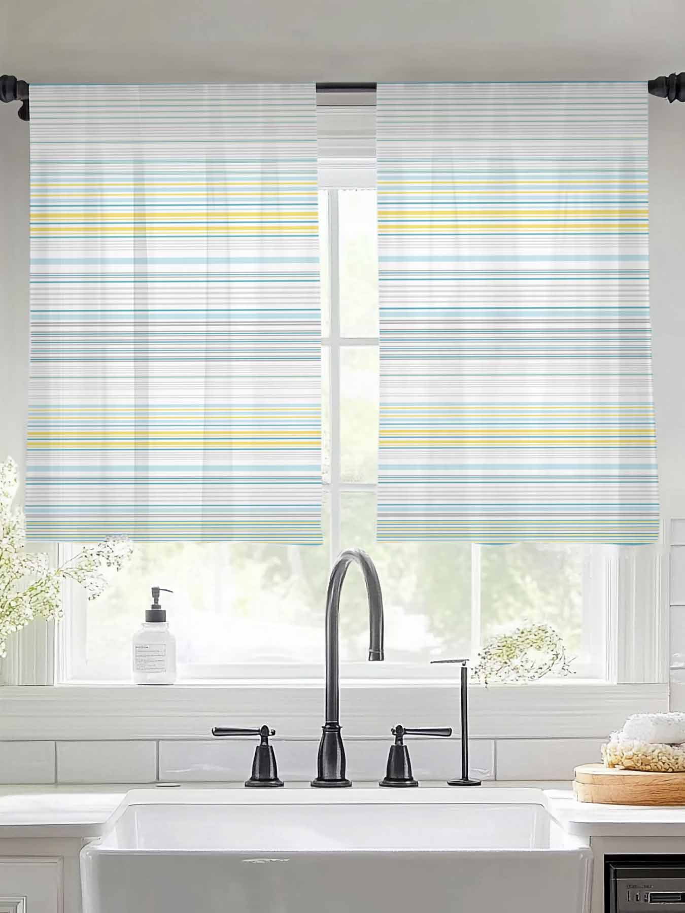 Aqua Yellow Stripe Sheer Curtains for Living Room Bedroom Abstract Art ...