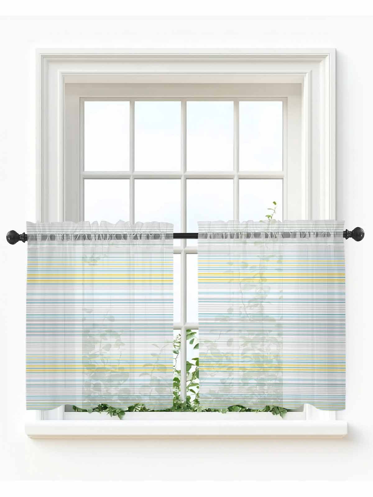 Aqua Yellow Stripe Tier Curtains 36 Inch Length,Sheer Curtains for ...