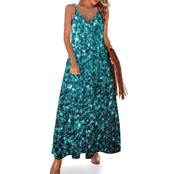 Aqua blue shiny faux glitter sparkles Sleeveless Dress women dress ...