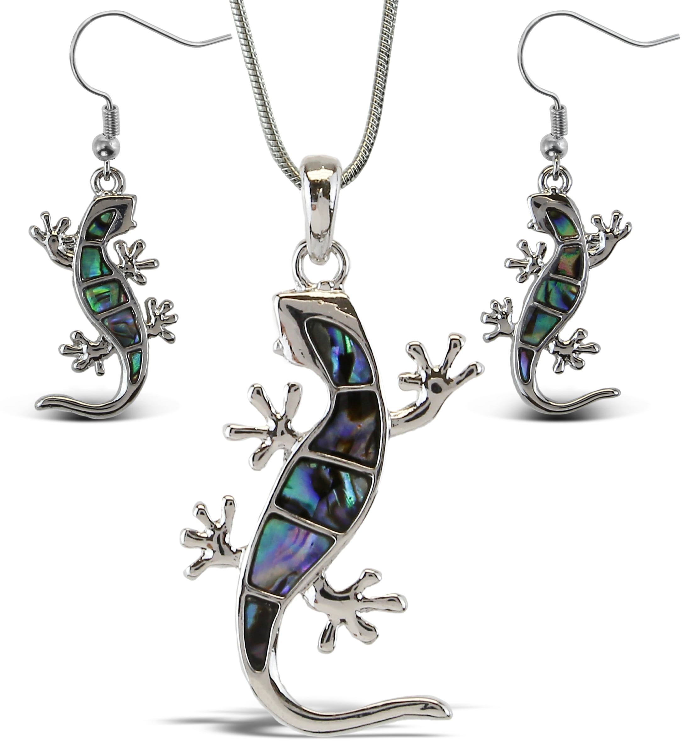 Aqua79 Gecko Necklace & Earrings Jewelry Set - Silver Pendant with ...