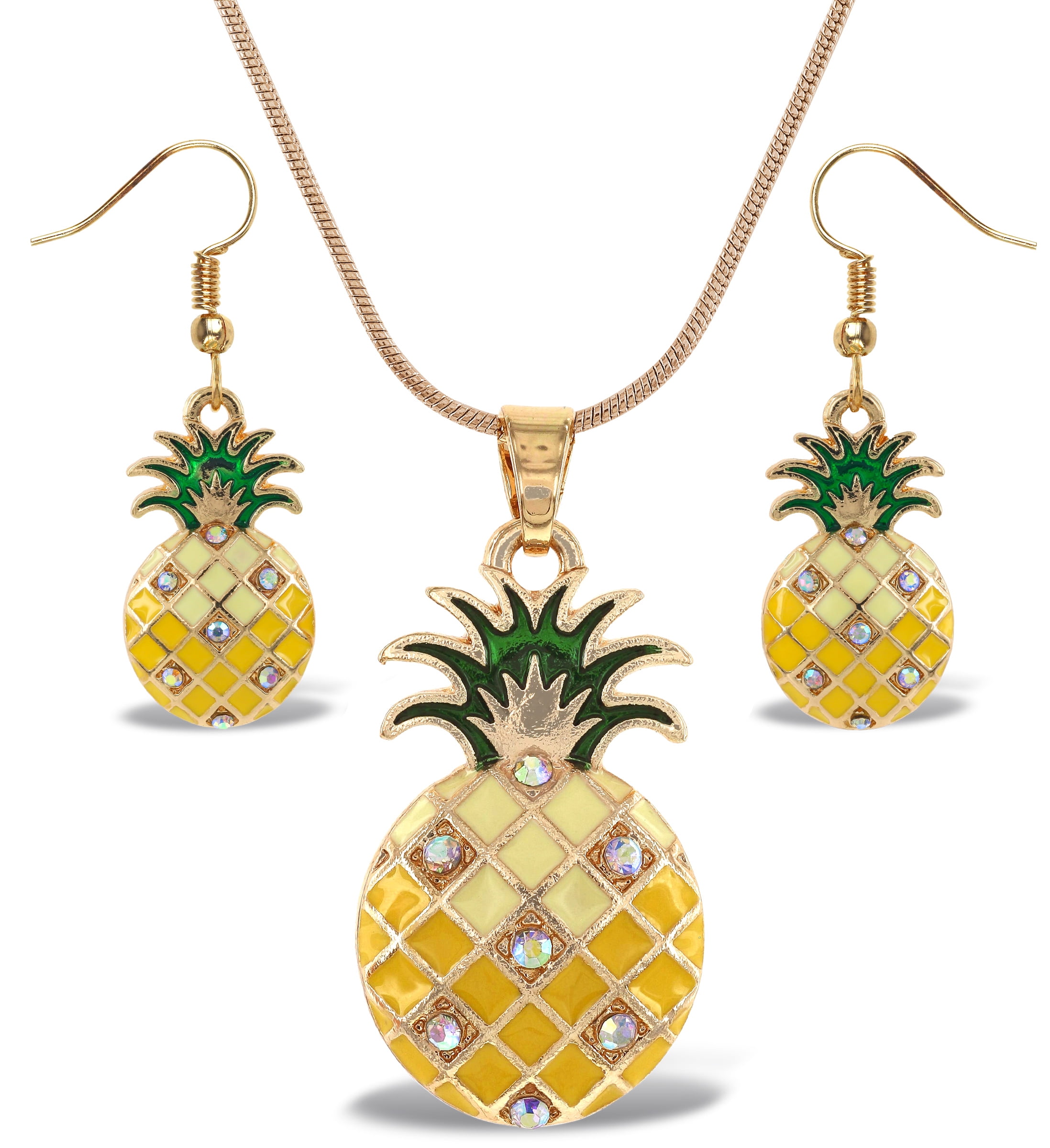 Aqua79 Sparkling Pineapple Gold Dangle Earrings and Necklace Jewelry Set – Cute Sparkly Charm ...