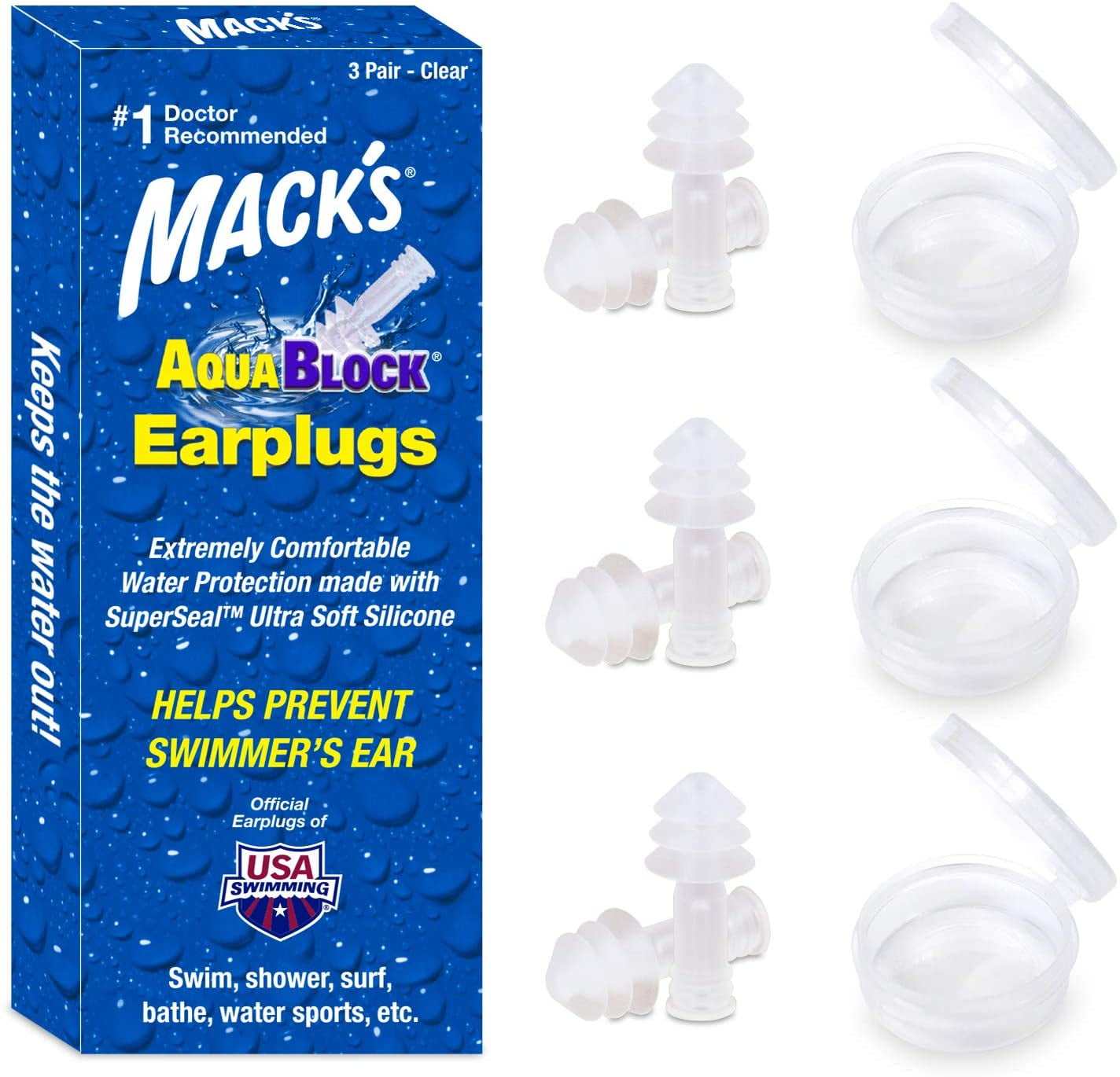 AquaBlock Swimming Earplugs, 3 Pair - Comfortable, Waterproof, Reusable ...