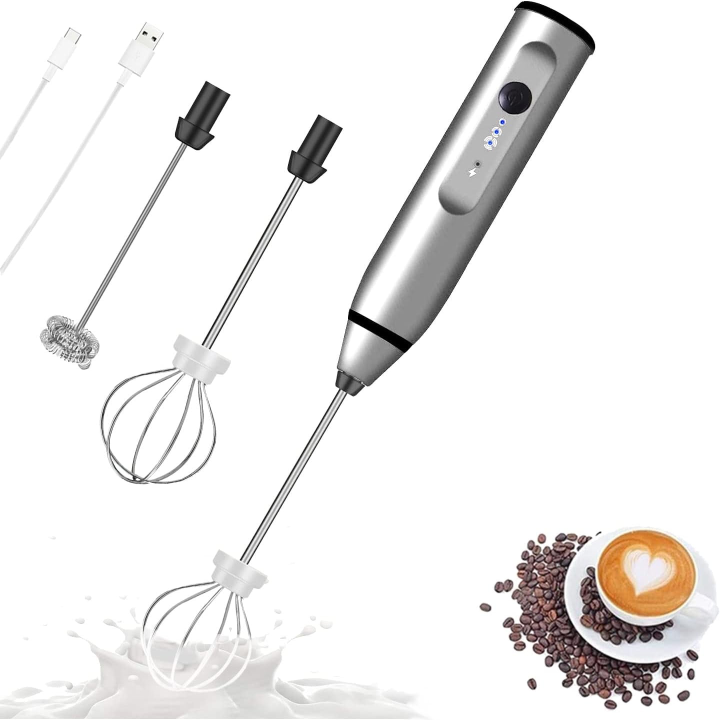 AquaForge Rechargeable Milk Frother Handheld Electric Frother with 2 ...