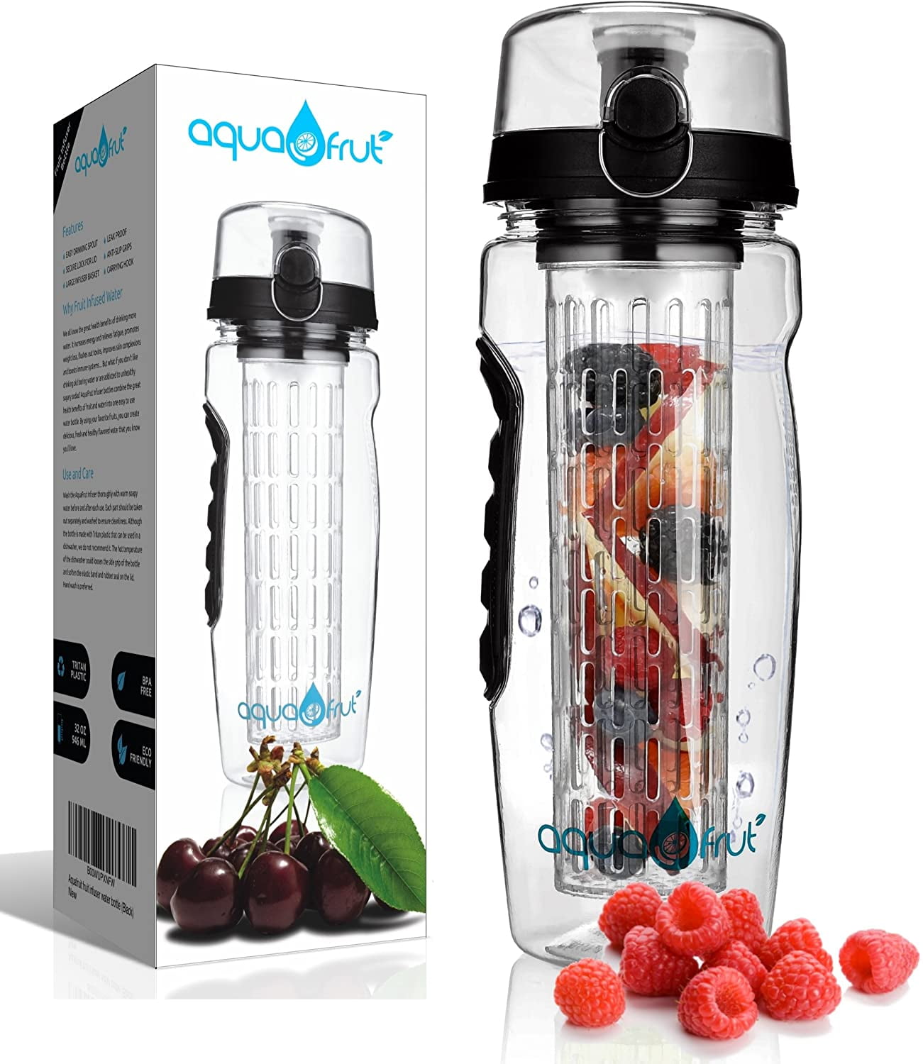 AquaFrut 32oz Flavor Infusion Plastic Fruit Infuser Water Bottle (Black ...
