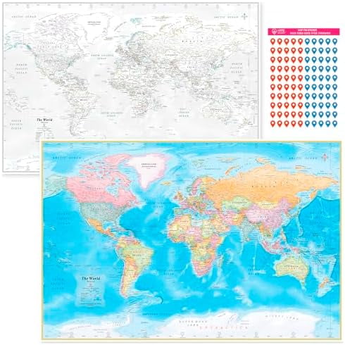 AquaShield Double-Sided World Map Waterproof Poster 24h x 36w Large ...