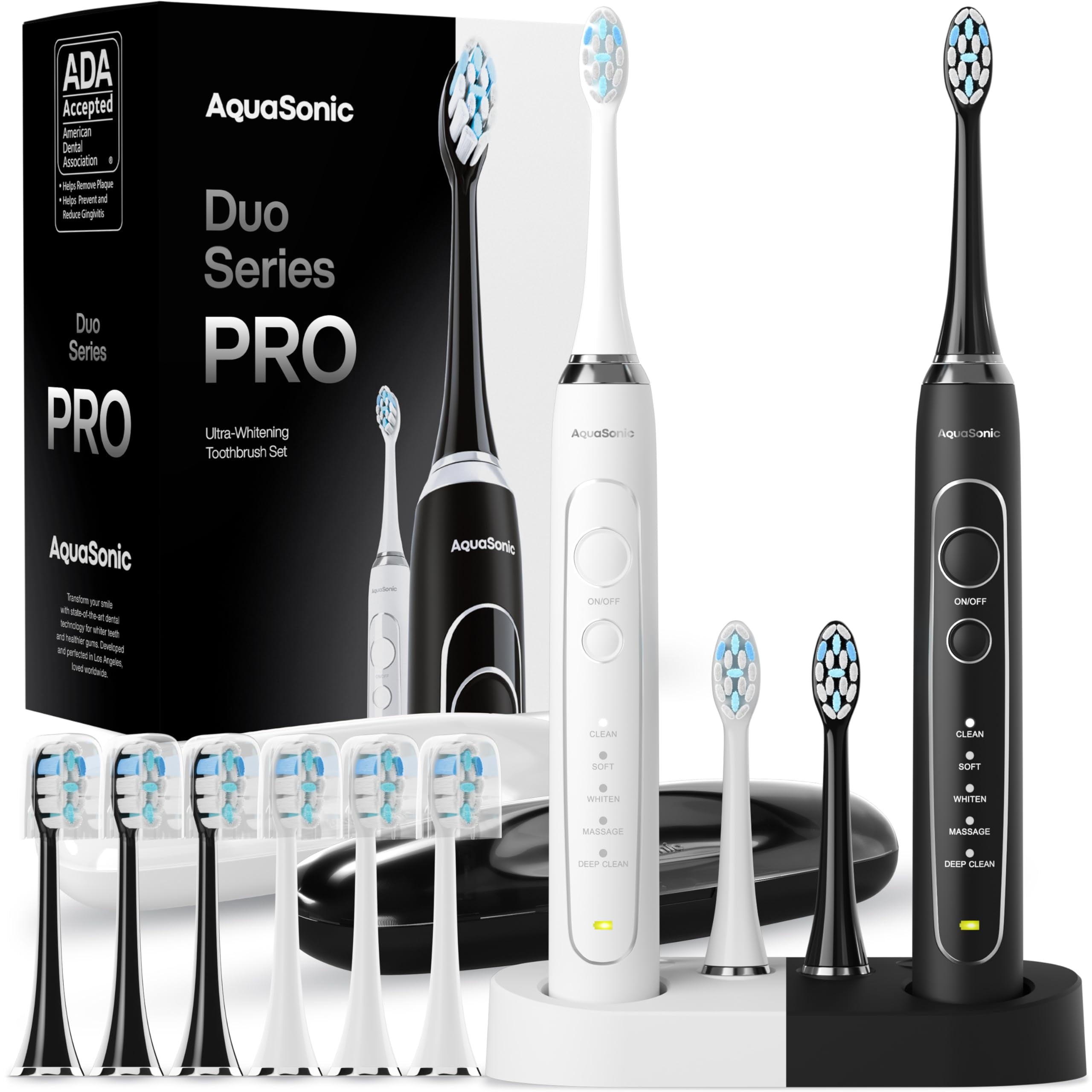 AquaSonic Duo Series PRO - Ultra-Whitening Electric Toothbrush Set - 5 Modes & Smart Timers ...