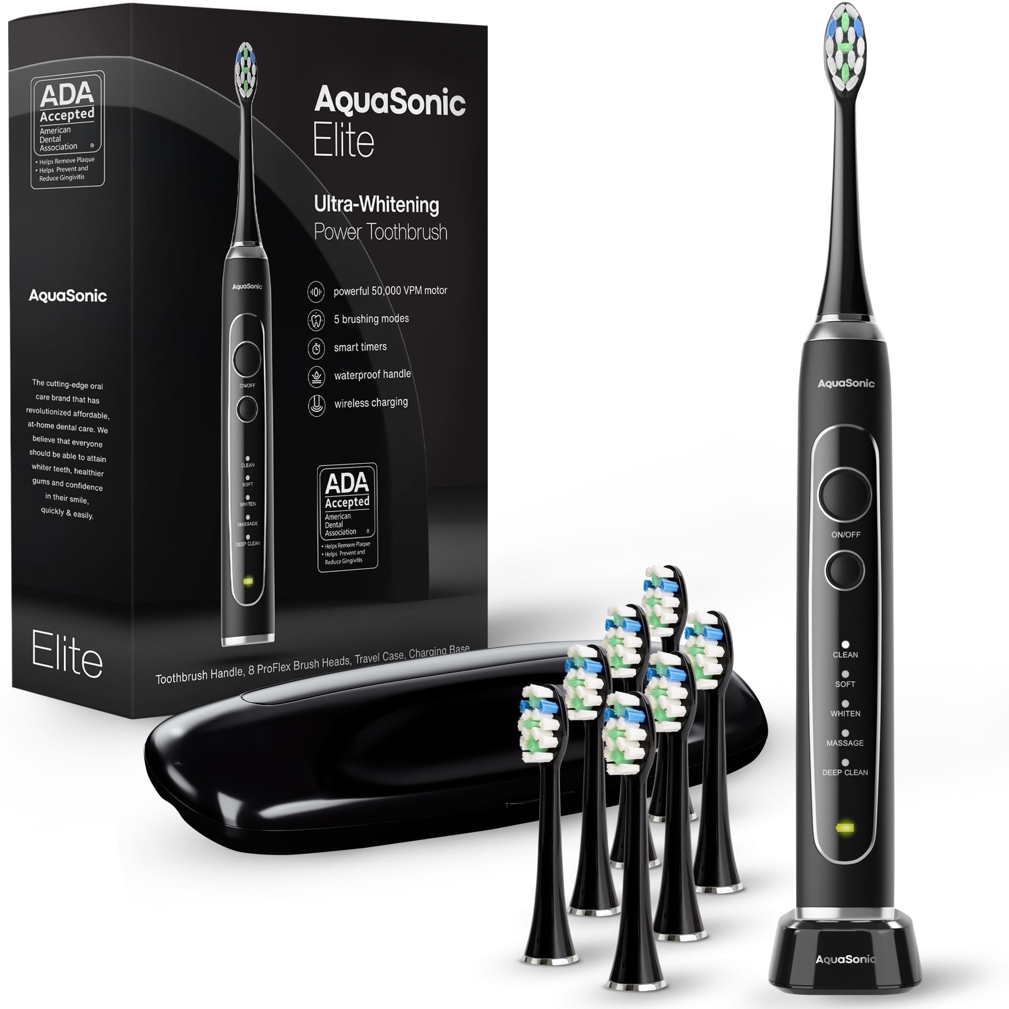 AquaSonic Elite Kit - Wireless Electric Toothbrush, 5 Modes, 8 Heads, Case - Black - Walmart.com