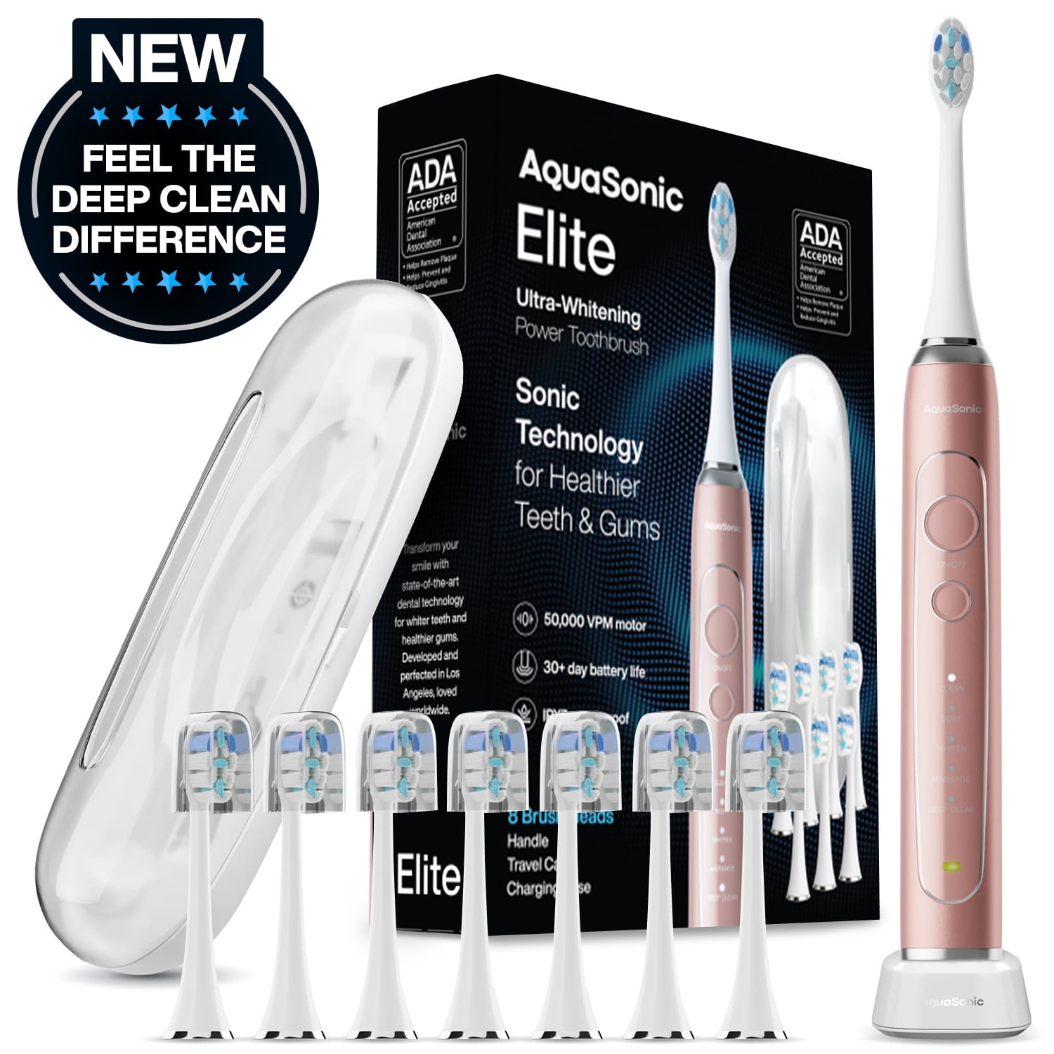 AquaSonic Elite - Rechargeable Toothbrush Kit with Wireless Charging, 5 Modes, Travel Case, 8 ...