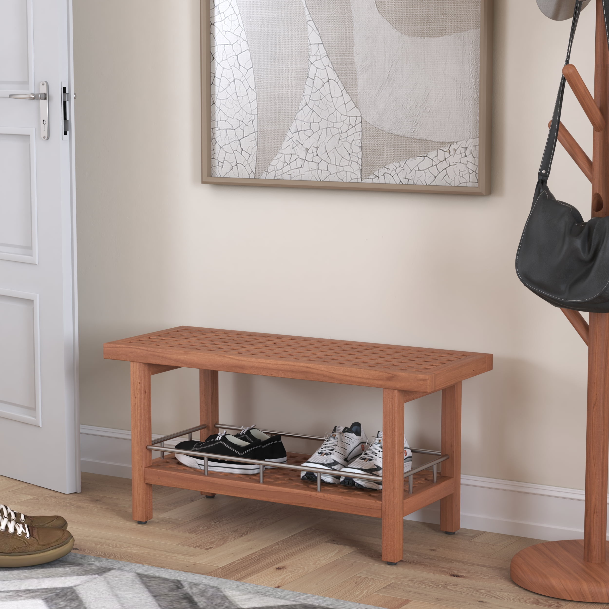 AquaTeak Patented 36" Grate Teak & Stainless Entryway Bench with Shelf ...