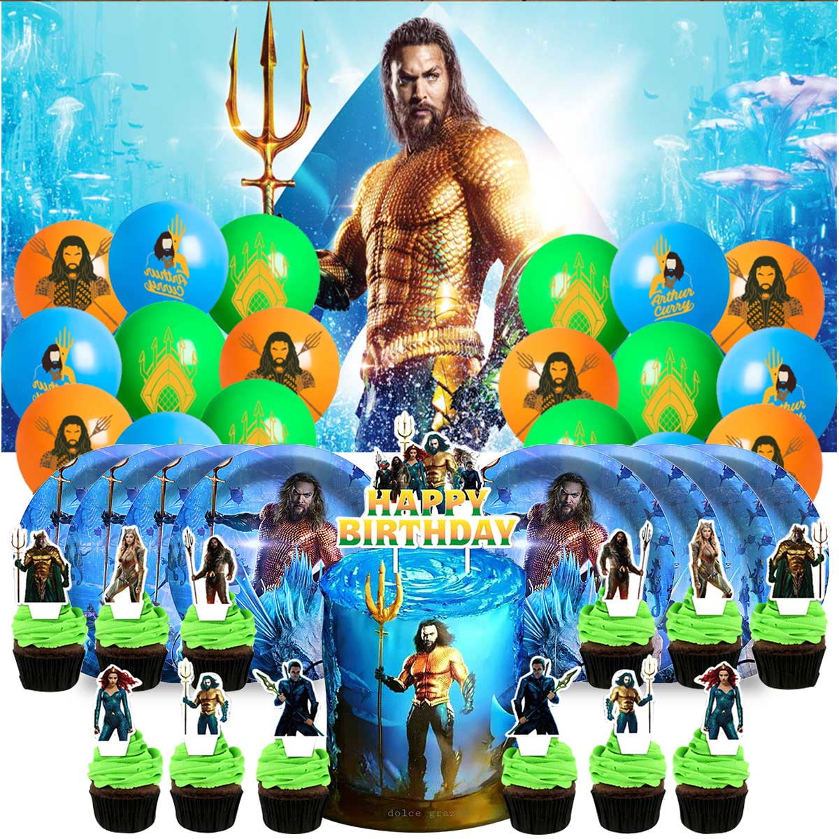Aquaman Party Decor Plates Cake Topper Balloons Banner Backdrop ...